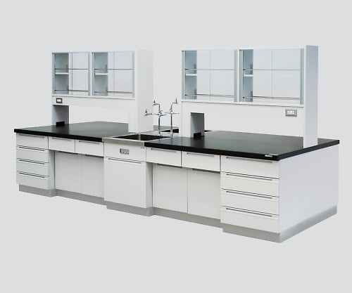 [取扱を終了した商品です]中央実験台 木製タイプ・ケコミ型・対面流し台・試薬棚付き 2400×1200×800／1800 SAOM-2412 ...