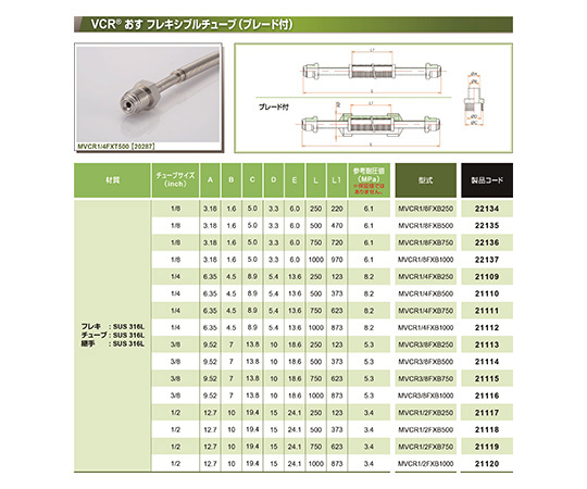63-1937-75 VCR おす1/4 ブレード付フレキ L=750 MVCR1/4FXB750 【AXEL】 アズワン