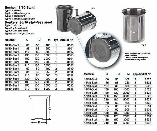80-0218-88 Stainless Beakers 100 ml, OD 50 x H 60 mm, with rim and ...