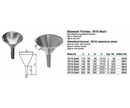 80-0223-24 Funnels, 18/10 steel, Funnel diam. 200 mm, Shaft diam. 27 mm ...